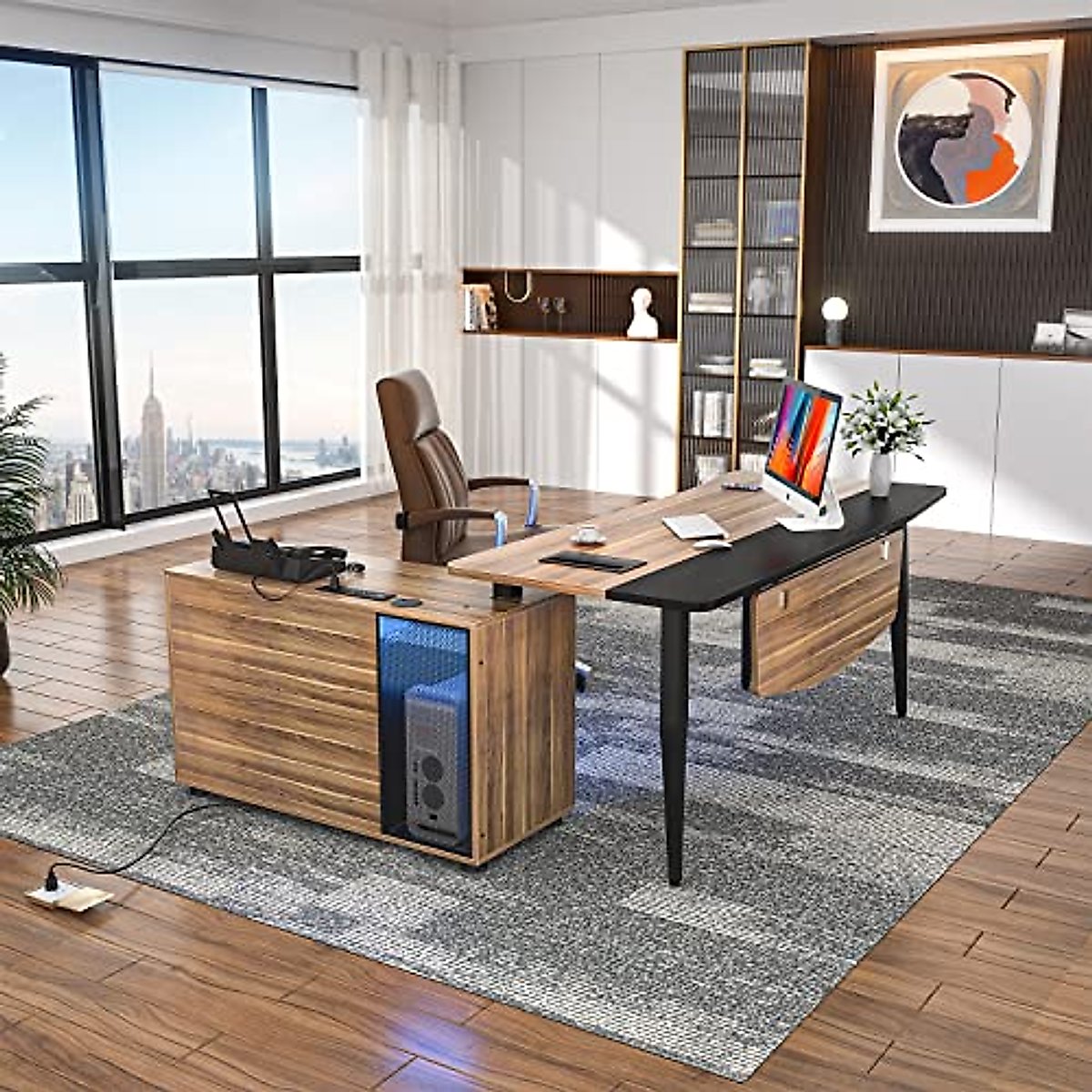 Unikito L Shaped Desk with File Cabinet & Power Outlet, 55 Inch Large Corner Computer Desks with LED Strip, L-Shaped Computer Desk with Door and Storage Shelves for Home Office, Rustic Walnut