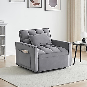 HomJoones Modern Convertible Futon Folding Sofa Bed, 3-in-1 Multi-Functional Sleeper Velvet Chair Bed, Adjustable Backrest into a Sofa Recliner for Living Room Bedroom Apartment Small Space (Grey)