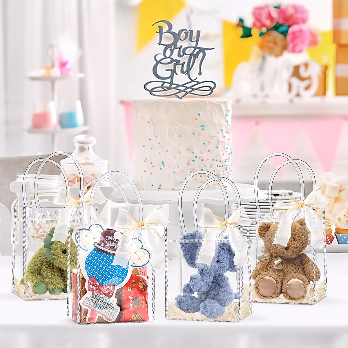 CLUEWR 50 Pack Clear Gift Bags with Handles, Reusable PVC Plastic Bags with Ribbons Transparent Party Favor Bags Gift Wrap Bags, 5.9 x 4.92 x 2.75 Inches