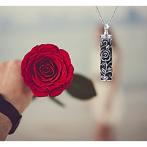 Rose Flower Urn Necklaces Cylinder Bar Urn Necklace for Ashes 925 Sterling Silver Pendant Necklace Keepsake for Ashes Memory Keepsake Cremation Jewelry for Women (Cylinder Rose)