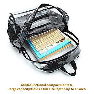 KUI WAN Clear Backpack, Large Clear Bag Stadium Approved Heavy Duty PVC Transparent See Through Backpacks for College,Stadium,Work,Security,Festival,Black