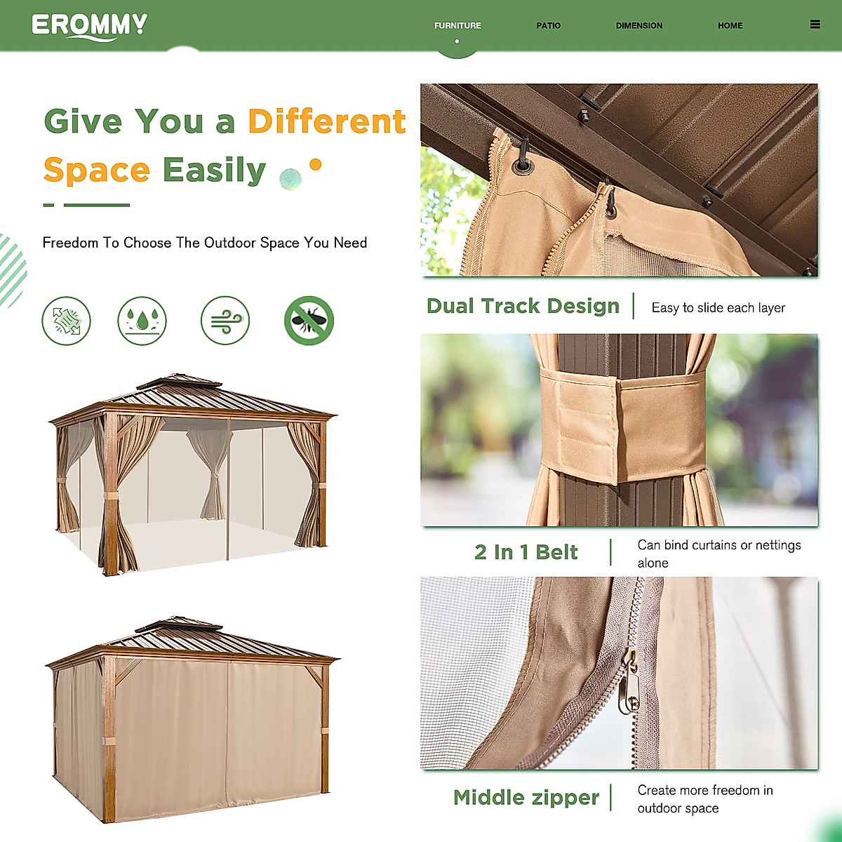 EROMMY 12' x 12' Gazebo, Wooden Finish Coated Aluminum Frame Canopy with Double Galvanized Steel Hardtop Roof, Outdoor Permanent Metal Pavilion with Curtains and Nettings for Patio, Backyard and Deck