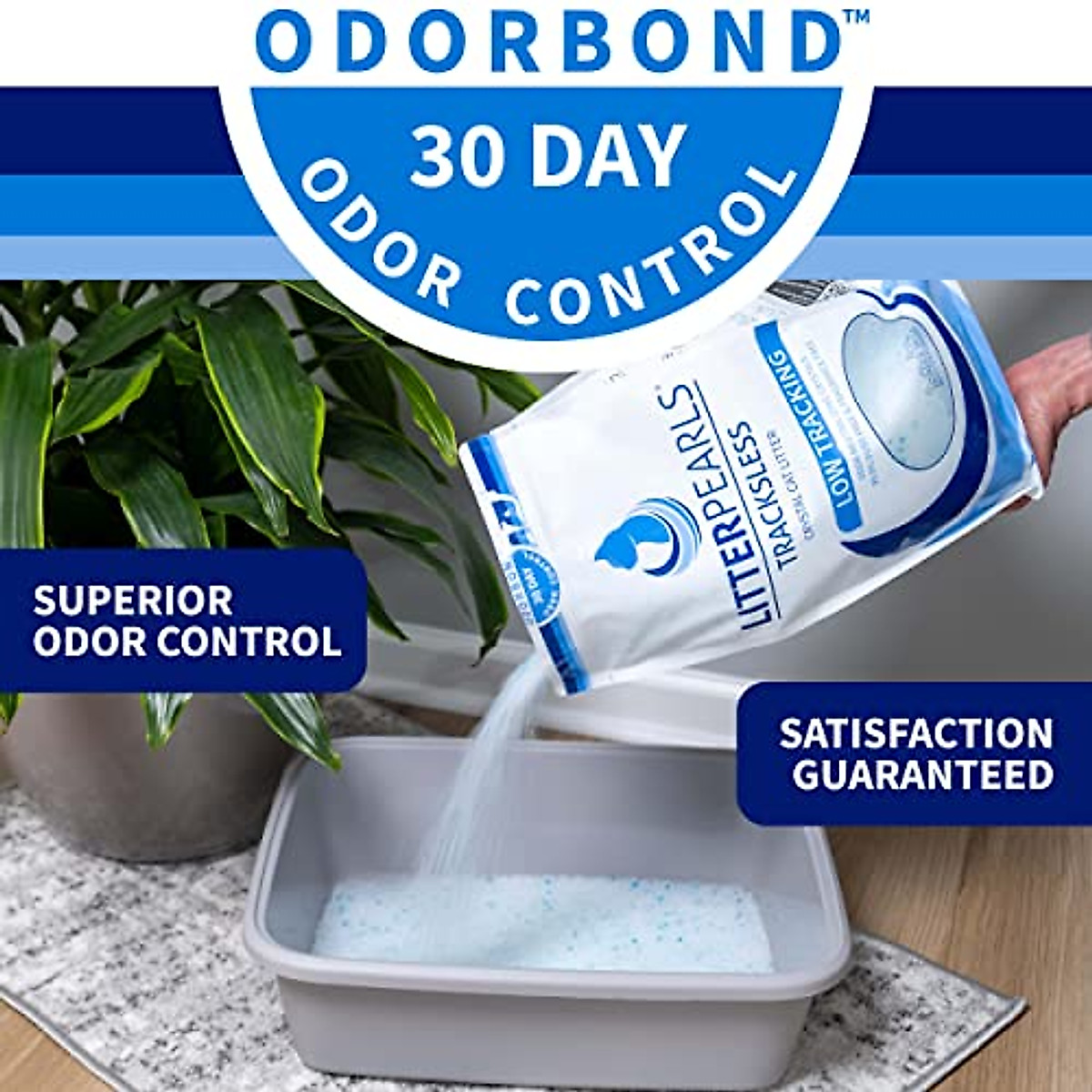 Litter Pearls Tracksless Unscented Non-Clumping Crystal Cat Litter with Odorbond, 7 lb, White, Clear and Blue Crystals