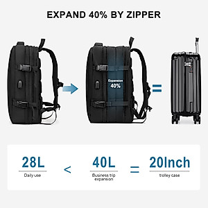 Men Carry on Travel Backpack 40L,Hiking Backpack Waterproof for Women, Lightweight School Casual Daypack Laptop Backpack with Expandable Airplane Approved 15.6 inch Laptop Compartment USB Charge Port