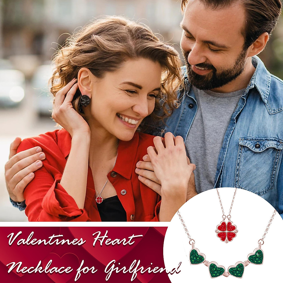 YANCHUN Valentines Heart Necklace for Womenfriend Heart Clover Necklace for Women Lucky 2 in 1 Four Leaf Clover Necklace Valentines Day Gifts for Her