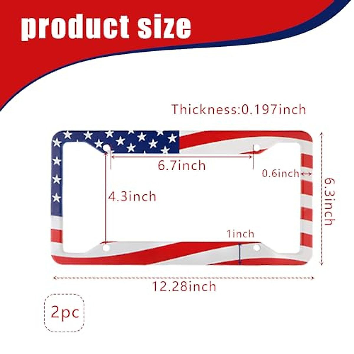 Hawyet 2 PCS American Flag Car License Plate Frame with Screws, Metal License Plate Fastern Decorative Accessories Set with 4 Holes, Universal Plate Frame Covers with Screws Fasteners Caps (Red)