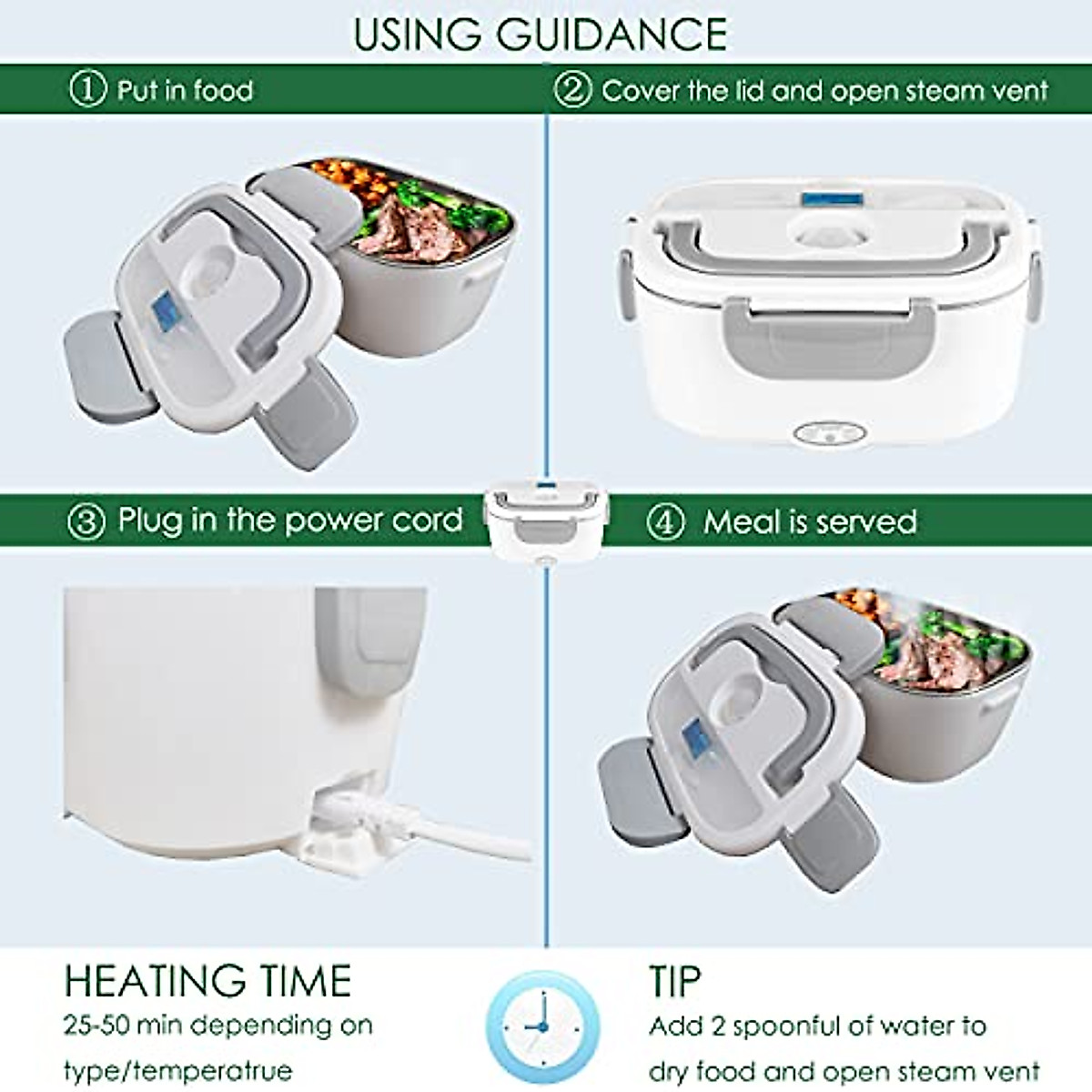 Electric Lunch Box, 60W 12V/24V/110V Portable Food Warmer lunch box,Lunch Heating Food Heater with 1.5L Removable Container,3 in 1 Portable Heated Lunch Box for Car Truck Home Work Adults Food Heating