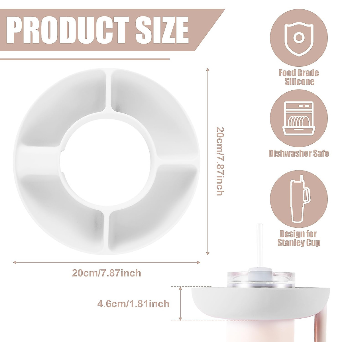 Snack Bowl for Stanley 40 oz Tumbler, Reusable Snack Storage Top Ring Candy Tray Nuts Platter Containers Box with 4 Compartments for Food Topper Plate Cup Holder for Stanley Cup Accessories (White)