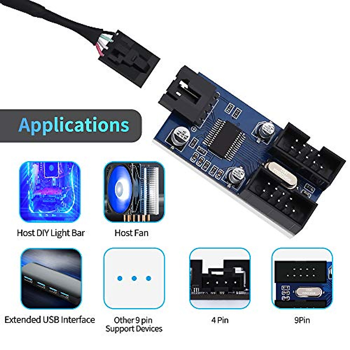 ELECTOP 9 Pin 2 in 1 Internal USB Splitter Cable, 9 pin USB Header Male 1 to 2 Female Extension Connector Adapter, USB 2.0 HUB Connector Port Multiplier PWM Fan Splitter Cable (30cm/0.98ft)