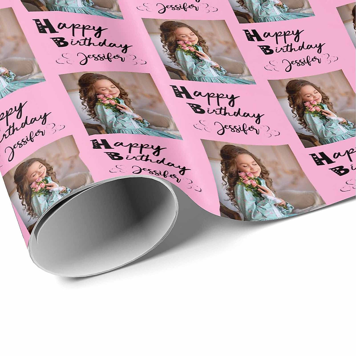 MyPupSocks Personalized Photo Wrapping Paper, Happy Birthday with Name Photo Pink Custom Gift Wrapping Paper with Picture for Teens Women Men Mom Dad Birthday Wedding Anniversary 58x23 2 Rolls
