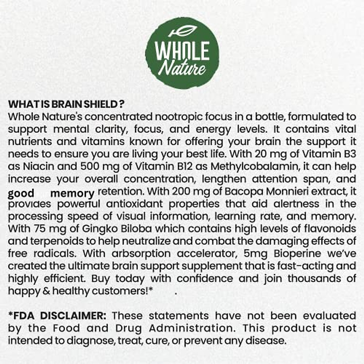 Whole Nature Brain Booster Nootropics - Brain Shield with Ginkgo Biloba, Alpha GPC and Bacopa Monnieri, Vitamin B12, B3 - Support Focus, Memory & Clarity, Energy & Stress Relief. (1)