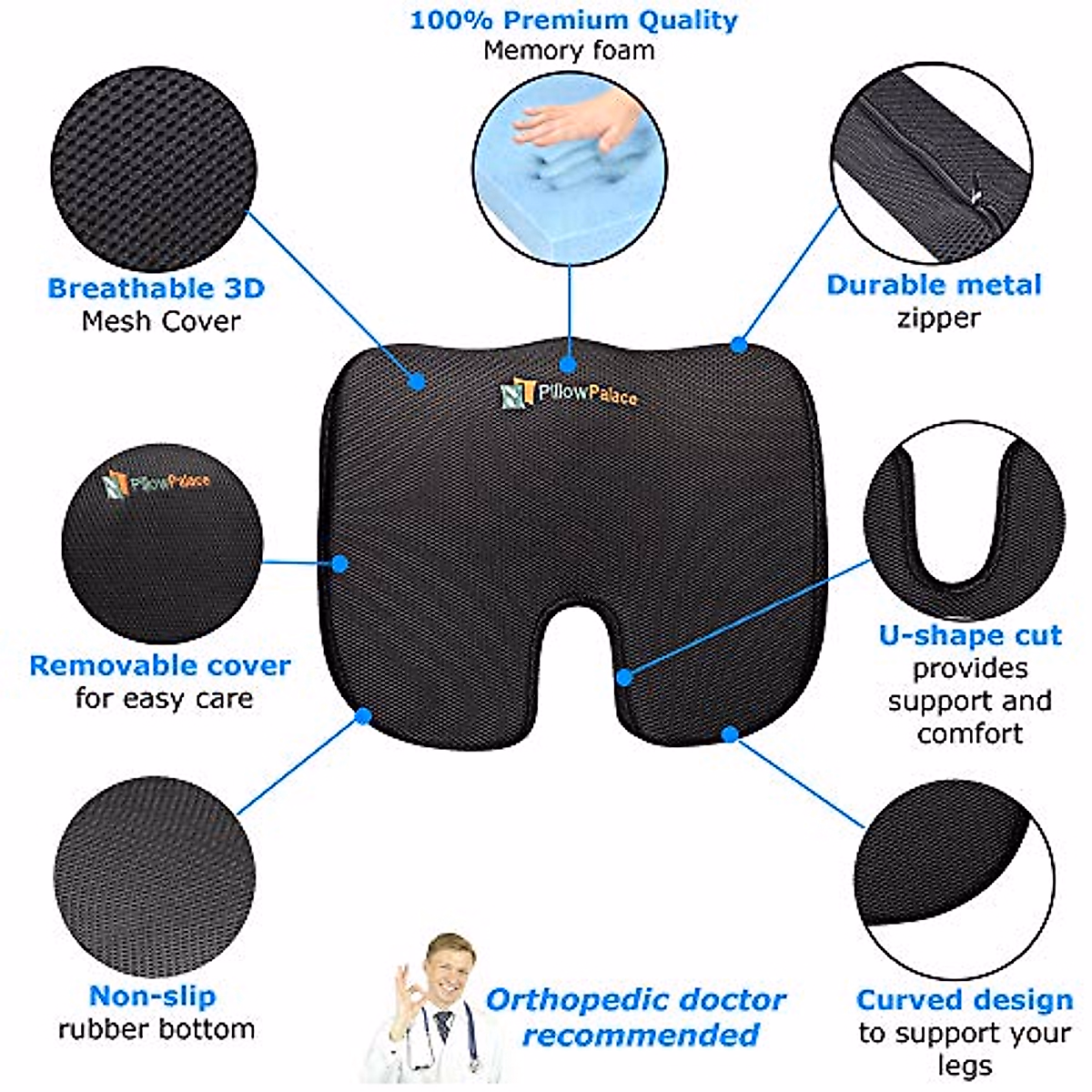 Coccyx Seat Cushion Pillow Orthopedic | Memory Foam Chair Pillow | Relieves Back, Tailbone Pressure, Sciatica Nerve Pain Relief | Premium Comfort for Home, Office, Car or Event Seating