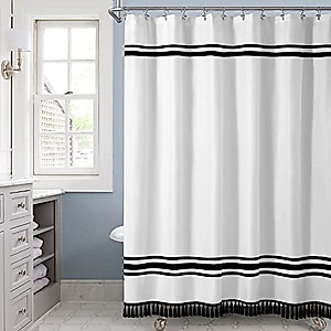 Seasonwood Black and White Shower Curtain Farmhouse Shower Curtain Striped Shower Curtain for Bathroom Sets Boho Shower Curtain with Tassels Modern Bathroom Curtains Decor Waterproof Fabric 72"x72"
