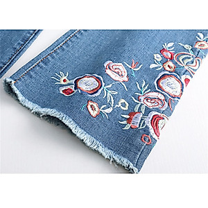 Women Floral Embroidered Skinny Flare Ankle Jeans High Waist Bell Bottom Denim Pants Washed Destroyed Raw Hem Jean (Blue,31)