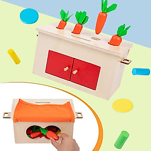 Montessori Toys for 1+ Year Old,Play Kit Box for Shape Size Sorting Game-Includes Carrot Harvest Game,Cylinder Drop Game-Fine Motor Skills & Montessori Coin Box,and Blind Touch Box with Door(4-in-1)