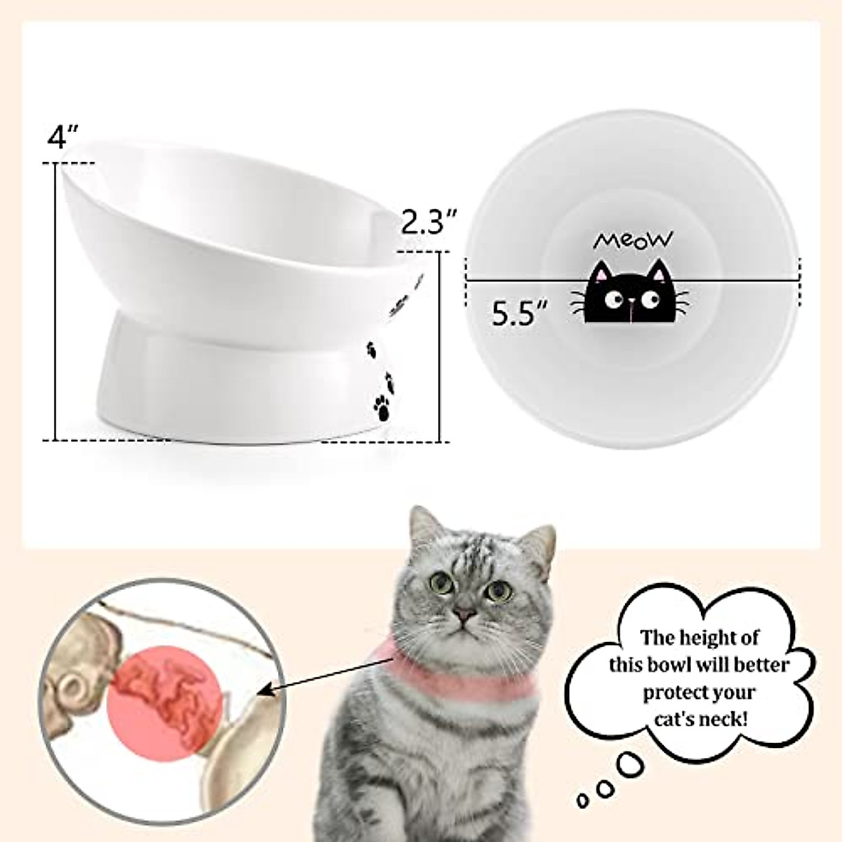 Yedio Porcelain Raised Cat Bowl, Tilted Cat Food Bowl with Anti Slip Band, Stress Free, Elevated Porcelain Pet Bowl Protect Pet's Spine, Backflow Prevention, Dishwasher Safe, White