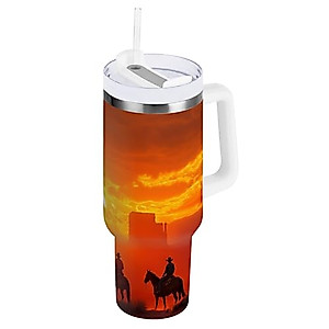 Jihqo Sunset Western Cowboys 40 oz Stainless Steel Vacuum Insulated Tumbler with Handle and Straw Lid, Leakproof Water Bottle Double Wall Travel Mug Coffee Cup, Cupholder Friendly