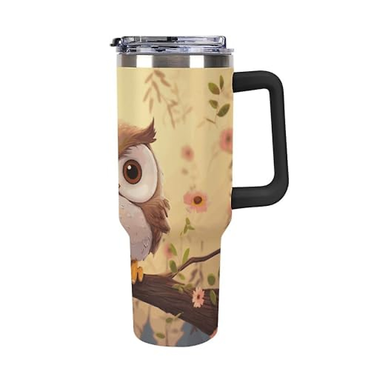 LPSADGF Cute Owl Insulated Stainless Steel Travel Mug, 40 Oz Tumbler with Handle And Straw Double-Wall Vacuum Coffee Cup, Leak-Proof Lid, Keeps Drinks Hot/Cold for Hours