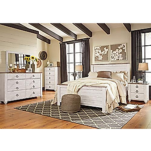 Signature Design by Ashley Willowton Farmhouse 2 Drawer Nightstand with USB Charging Ports, Whitewash