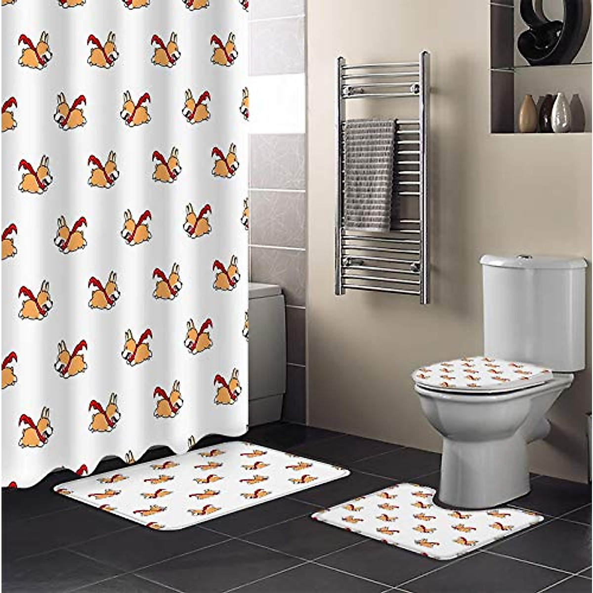 FAMILYDECOR 4 Pcs Bathroom Decor Set, Polyester Waterproof Bath Curtain and Non-Slip Bathroom Rugs Toilet Lid Cover, Cute Cartoon Corgi Running Shower Curtain with Hooks 36x72 Inch