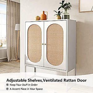 AWQM Natural Rattan 2 Door High Cabinet,Sideboard Buffet Cupboard Accent Cabinet,Adjustable Shelves,Free Standing Bookmatch,Easy Assembly,26.77" L x 15.75" W x 41.34" H,White