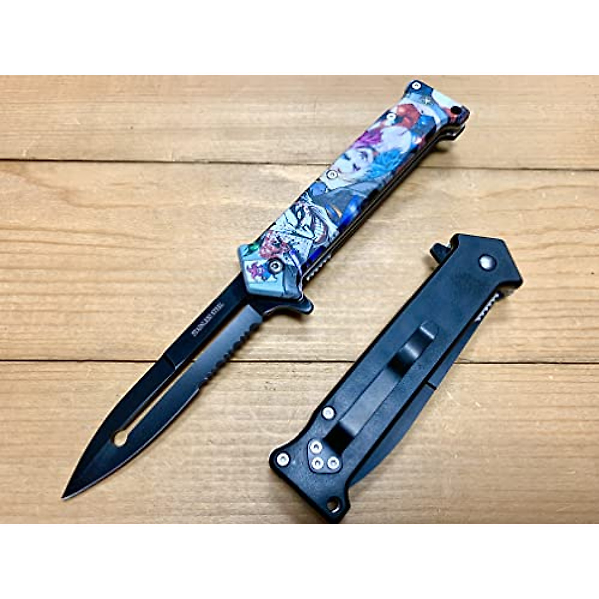 Super Knife 8 inch Joker Harley Quinn Tactical Spring Assisted Folding Pocket Knife EDC Open Blade w/Pocket Clip. 3D Print Handle