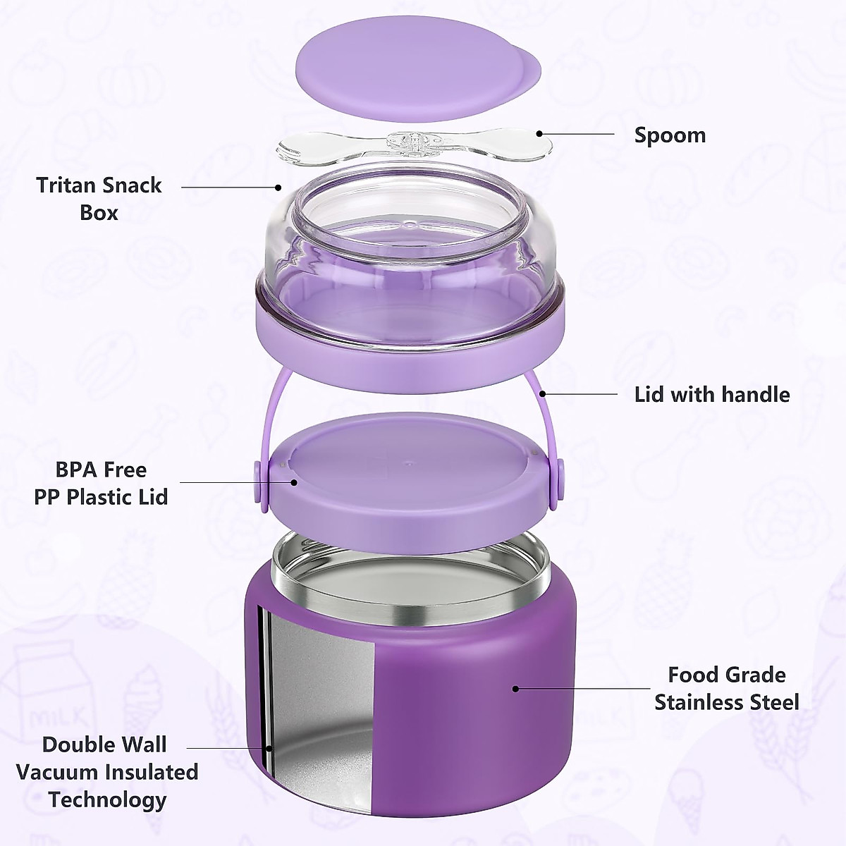 MAISON HUIS 2-in-1 Insulated Food Jar 8oz Soup Thermo with Tritan Snack Container Kids Thermo for Hot Food Lunch Containers Wide Mouth Vacuum Stainless Steel Leak Proof for School Travel