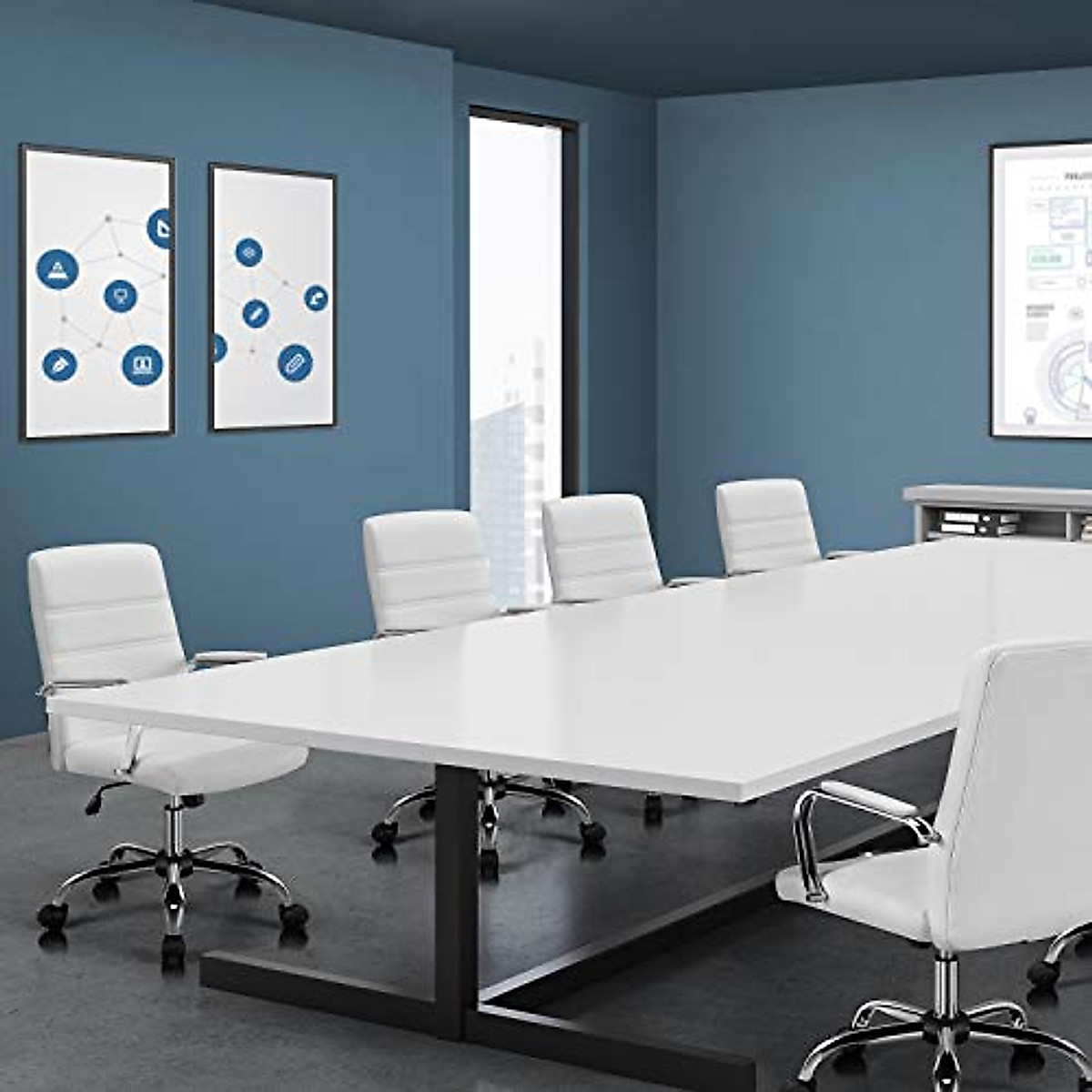 Yaheetech Mid-Back Office Chair with Arms 360° Swivel PU Leather Height Adjustable Office Executive Chair, White