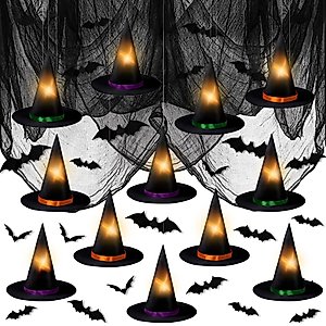 Halloween Hanging Witch Hats Decorations - 12PCS Black Witch Hats with Lights DIY Floating Witch Hats with 28PCS 3D Bats and Creepy Cloth for Kids Halloween Porch Tree Party Decorations