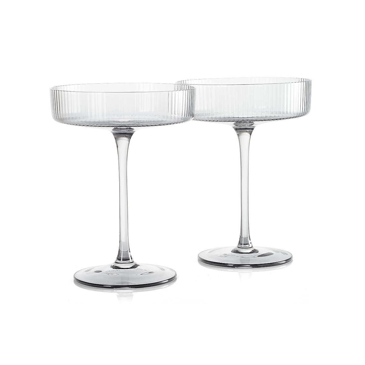 Ribbed Coupe Cocktail Glasses 8 oz | Set of 2 | Classic Manhattan Glasses For Cocktails, Champagne Coupe, Ripple Coupe Glasses, Art Deco Gatsby Vintage, Crystal with Stems (Smoke Grey)