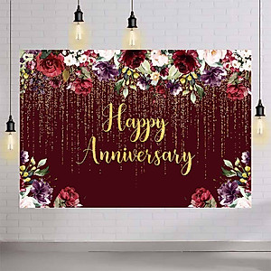 MEHOFOND 10x7ft Happy Anniversary Backdrop Gold Glitter Burgundy Wedding Anniversary Photography Background Couple Wedding Women Birthday Floral Party Decoration Cake Smash Decor Studio Photo Backdrop