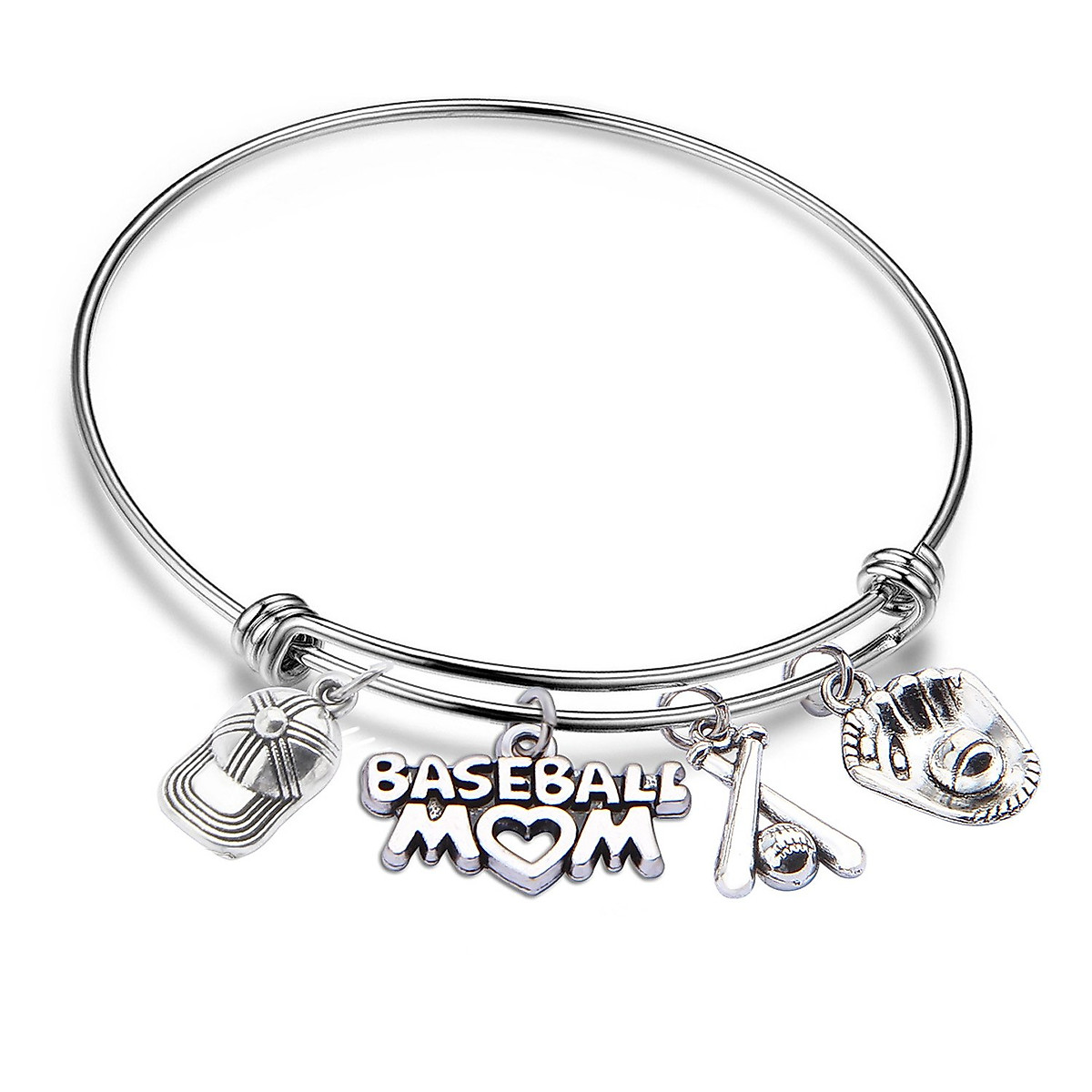 QIIER Baseball Mom Bracelet Sports Expandable Charm Bangle Baseball Jewelry for Moms Fans (silver)