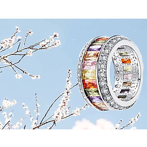 VPKJewelry 18K Gold Plated Rainbow Ring Wedding Band for Women Ladies Emerald Cut Multi Color Created-Gemstone Eternity Ring (Multicolor, 9)