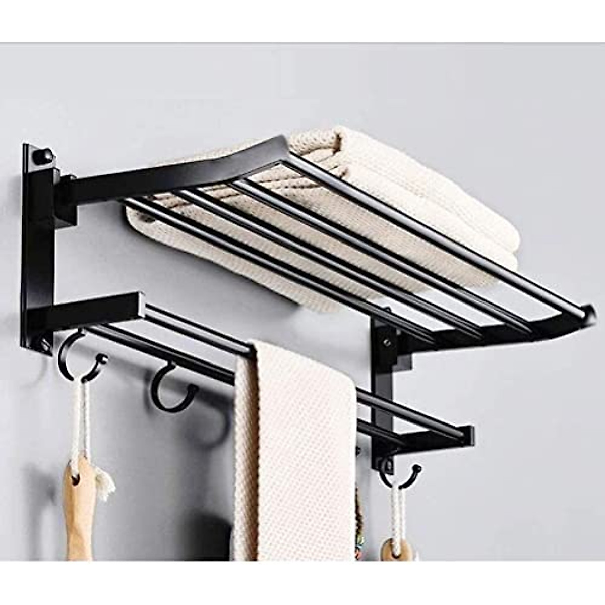 Towel Racks, Towel Rack Towel Holder Bathroom Towel Rail Foldable Double Towel Holder Bathroom Shelf Wall Towel Rack with Hooks Shelf Storage Rack Wall Shelf Organizer Bath Towel Holder/Black/60Cm