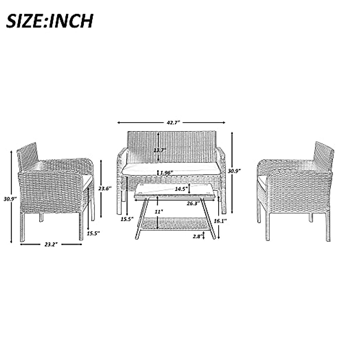 SAWQF 4 Pcs Patio Furniture Set Outdoor Rattan Sofa Seating Group Include 1 Sofa 2 Chair 1 Coffee Table Beige/Blue Cushions (Color : E)