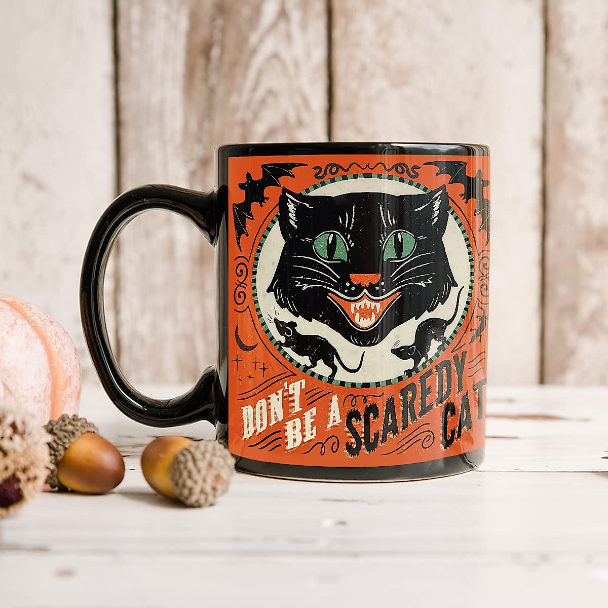 Vintage Halloween Scaredy Cat Spooky Cups - Jack o Lantern Pumpkins Halloween Coffee Mugs - Trick or Treat Retro Halloween Mug Set - Witch Gifts For Women Sister Friends (11 Oz, Black Cat)
