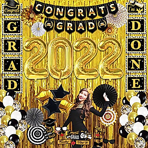 Huge, Graduation Party Decorations 2022 - Pack of 75 | Congrats Grad Banner, Graduation Photo Props | Gold Fringe Graduation Backdrop | Graduation Banner, Black and Gold Graduation Decorations 2022