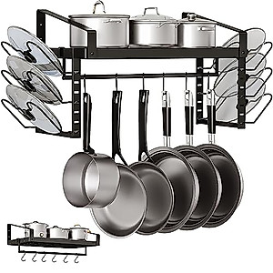 KINDEN 2 Pack 23 Inch Pot Rack Wall Mounted,Hanging Pot Organizer and Pans Lids Storage, Kitchen Cookware Hanging Shelves with 12 Hooks (Black)