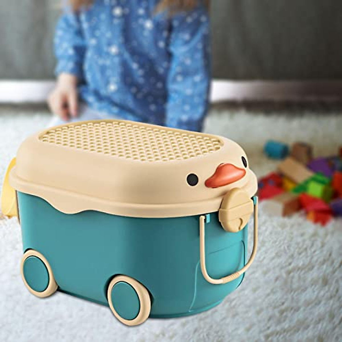 Qianly Cartoon Duck Shape Storage Box with Wheels Organizer Bin Container Baby Clothes Storage Case Portable for Household Nursery Kids Bedroom, Blue Middle