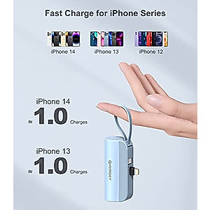 QHYRGEY Mini Portable Charger for iPhone, 5000mAh Fast Charging Power Bank with Built-in Cable & Phone Stand, Cute Battery Pack Compatible with for iPhone14/13/12/11/Pro/XS/XR/X/8/7/AirPods, Blue