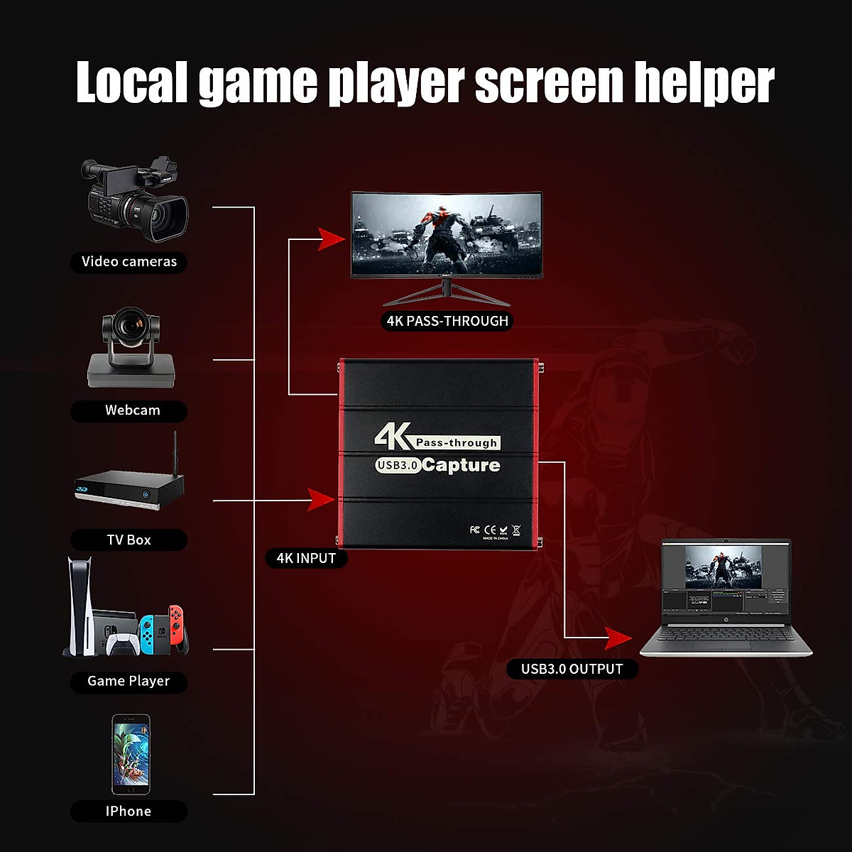 TreasLin Capture Card, 4K Game HDMI Video USB3.0 Capture Card Live Streaming Share for PS5 PS4 Switch Wii U DSLR Xbox on OBS Support Windows, Mac, Zero Latency HDMI Pass-Through