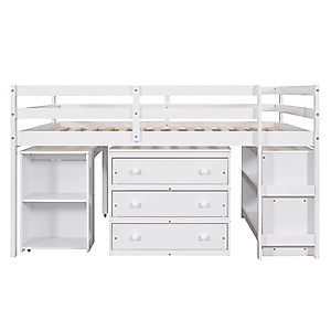 Low Full Loft Bed with Desk and Dresser Wood Kids Loft Beds Frame with Cabinet & Storage Shelves & Rolling Portable Desk for Juniors, Teen, Boys, Girls, Full Size,White