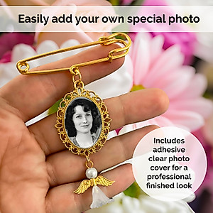 Gold Memorial Wedding Bouquet Photo Charm Pin with Angel Charm for Bride's Flowers on Wedding Day