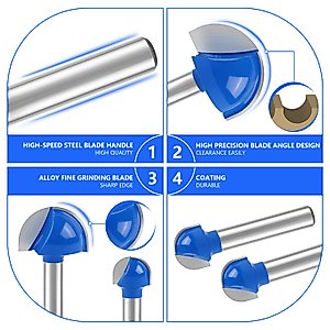 Cove Box Router Bit Set ,Newdeli 8Pcs 1/4 Inch Shank Round Nose Router Bit-1/4" 5/16" 3/8" 1/2" 5/8" 3/4" 7/8" 1" Cutting Diameter, Solid Carbide Double Flute Cove Box Round Nose Woodworking Tool