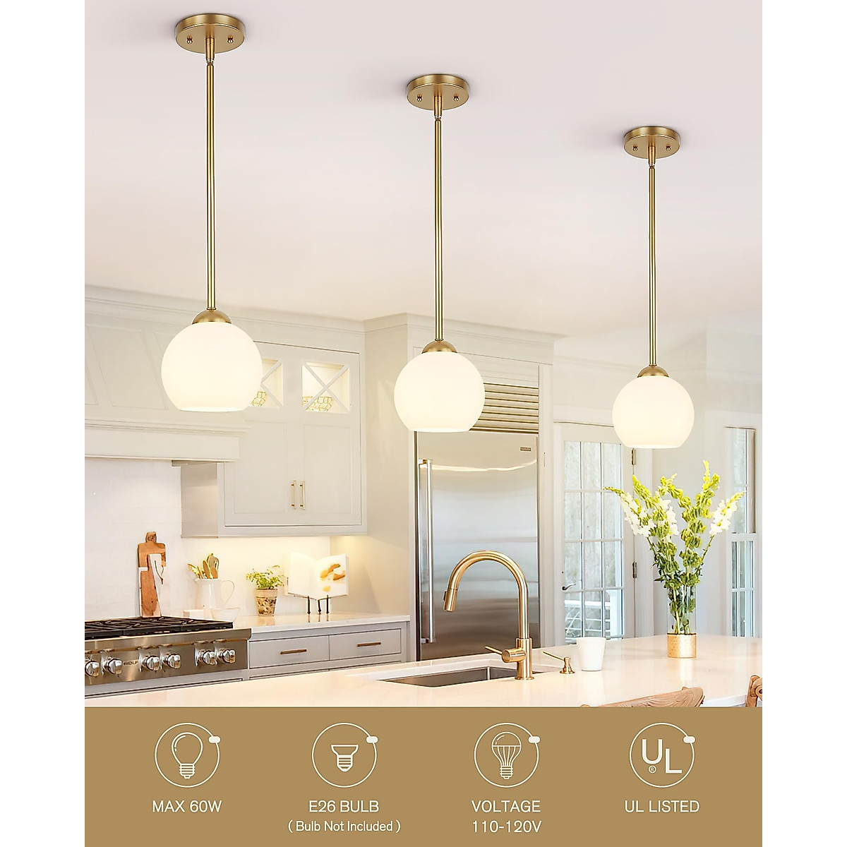 Emak 7 Inch Globe Pendant Lights, Modern Gold Pendant Light Fixtures, 1 Light Hanging Lights with Milk Glass Shade for Kitchen Island, Bathroom, Dining Room, Bedroom, PL119-GD-ML