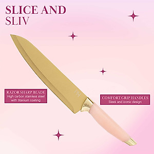 Paris Hilton Reversible Bamboo Cutting Board and Cutlery Set with Matching High Carbon Stainless Steel Knives, Blade Guards, Sleek Yet Comfortable Handle Grips, 7-Piece Set Gold, Pink