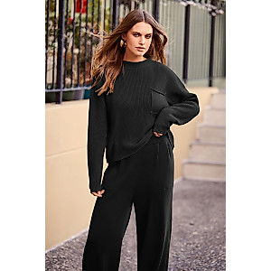 PRETTYGARDEN Women's Winter 2 Piece Sweater Set Casual Pullover Top High Waisted Sweatpants Tracksuit Lounge Outfits (Black,Medium)