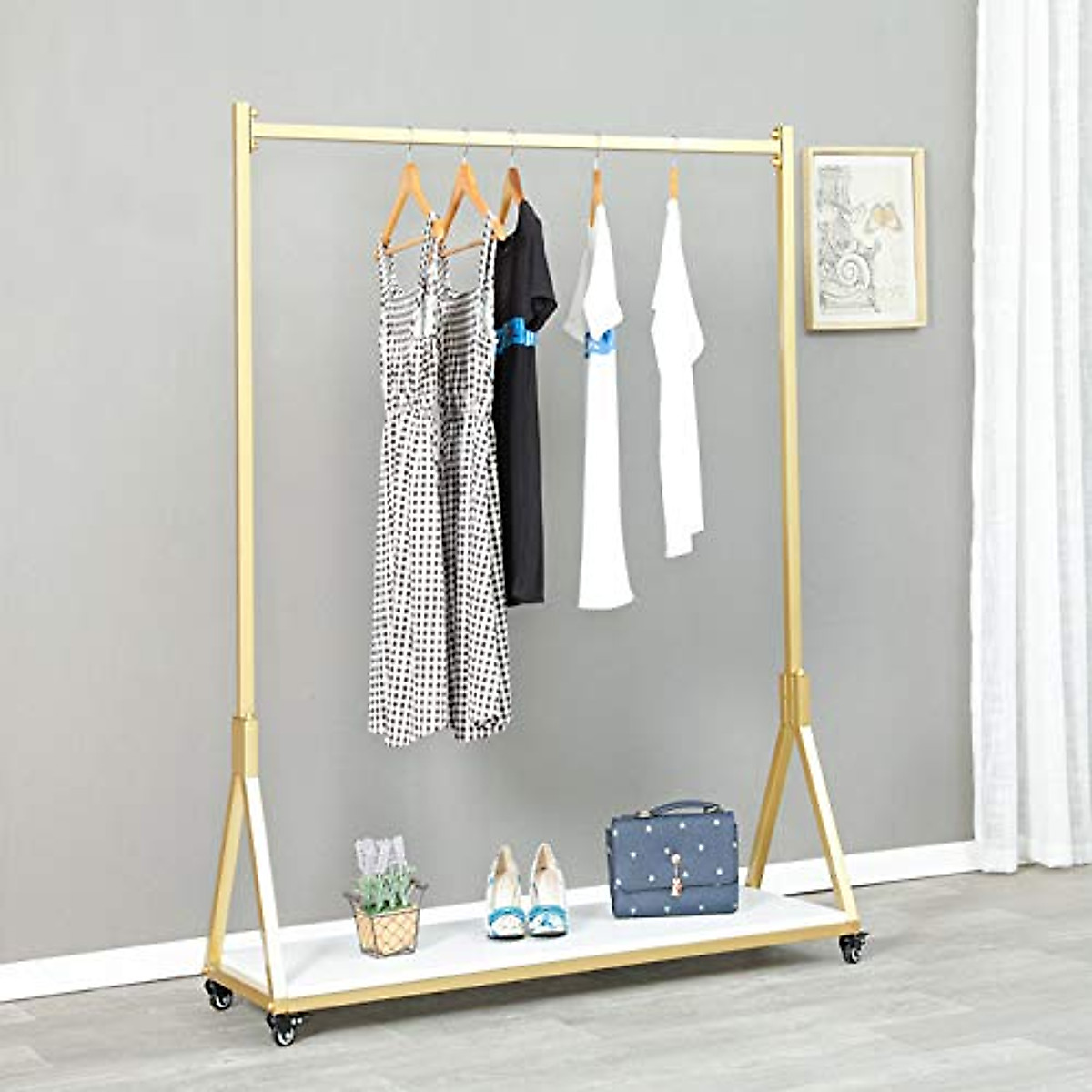 FURVOKIA Modern Simple Heavy Duty Metal Rolling Garment Rack with Wheel,Retail Display Clothing Rack with Wood, Single Rod Floor-Standing Hangers Clothes Shelves (Gold Square Tube B, 47.2 L)