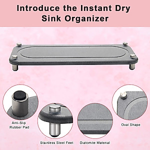 Coldairsoap Instant Dry Sink Organizer, kitchen Bathroom Sink Fast Drying Stone, Water Absorbing Stone Tray For Sink With 1Pcs Soap Rack(Grey)