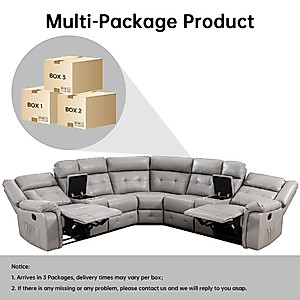 Nathaniel Home PU Leather Sectional Sofa Set with 2 Consoles Fashion Living Room Recliner Chair with Storage Box, L-Shaped Corner Couch with Cup Holders, Foggy Grey